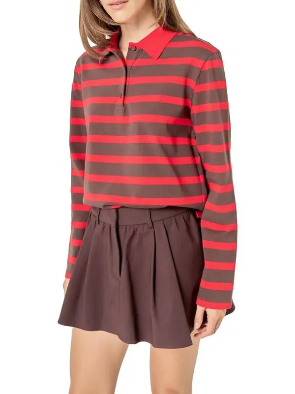 English Factory Striped Long Sleeve Polo Knit Top - Brown/red