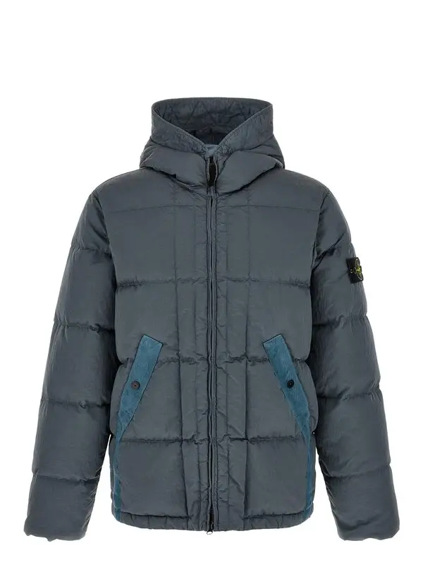 Stone Island Down Jacket With Crumpled Effect And Hood - Gray