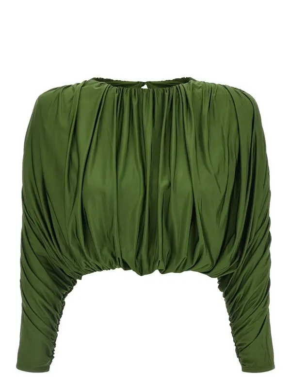 SELF-PORTRAIT Draped Crewneck Cropped Top - Green