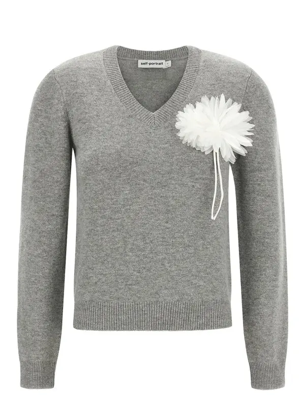 SELF-PORTRAIT V-neck Sweater With Floral Applique - Gray
