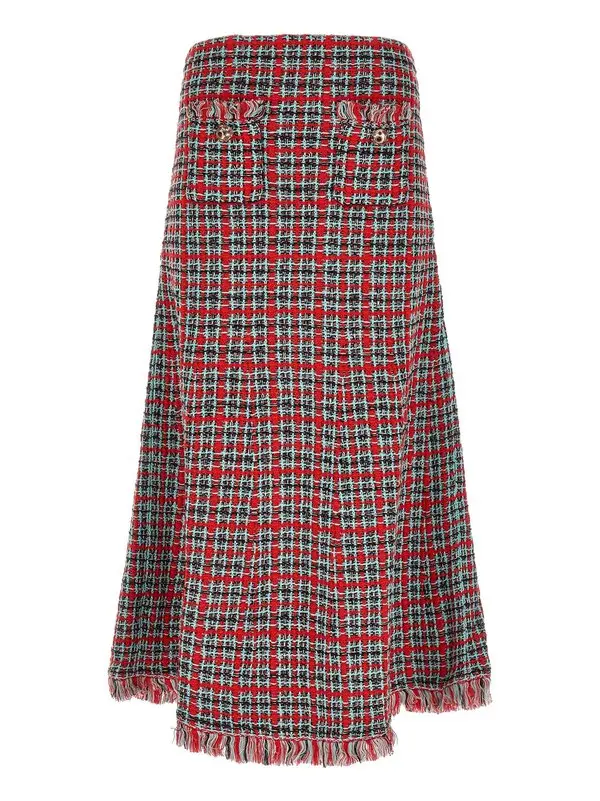 SELF-PORTRAIT Tweed Checkered A-line Midi Skirt With Jewel Buttons - Multi