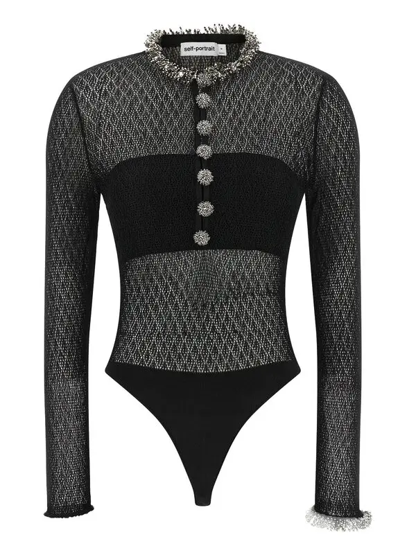 SELF-PORTRAIT Openwork Knitted Bodysuit With Crystal Embellishments - Black