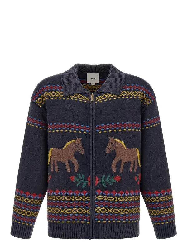 FOUND Isles Jacquard Knit Cardigan - Blue