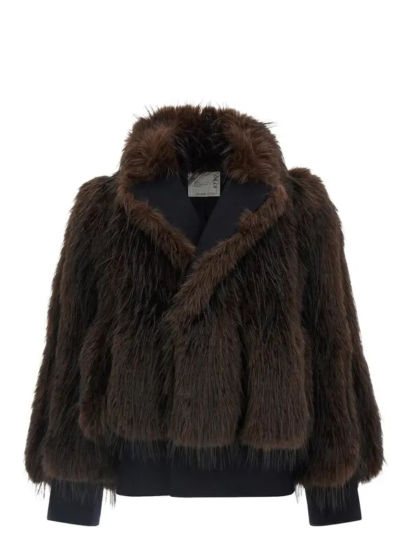 Sacai Cropped Jacket With Melton Wool Accents And Gold Anchor Buttons - Brown