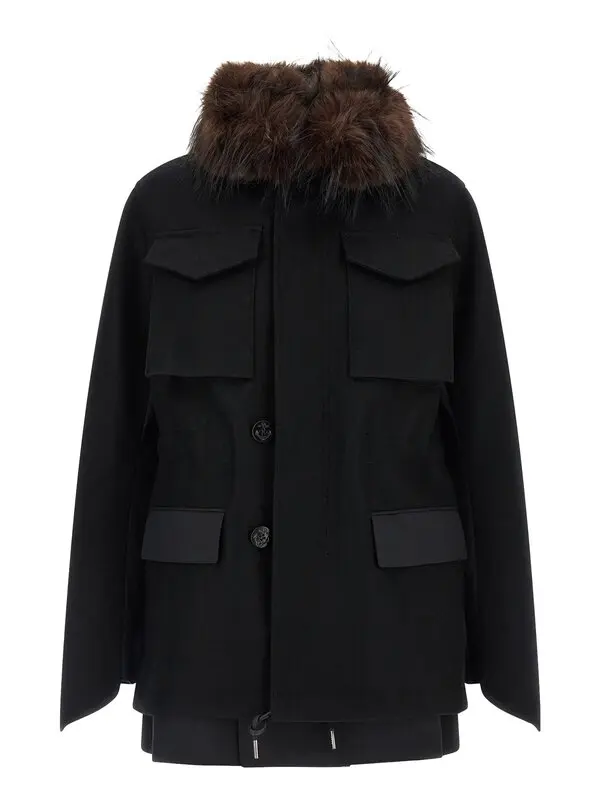 Sacai Wool Coat With Fur Insert And Hybrid Construction - Black