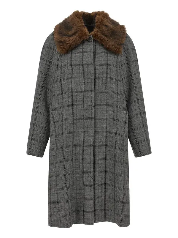 TELA Gavin Coat With Fur Collar And Checked Pattern - Gray