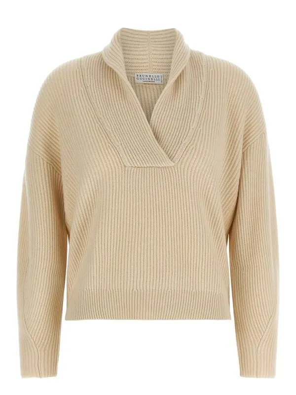 Brunello Cucinelli Ribbed Shawl Collar Cashmere Sweater - Beige