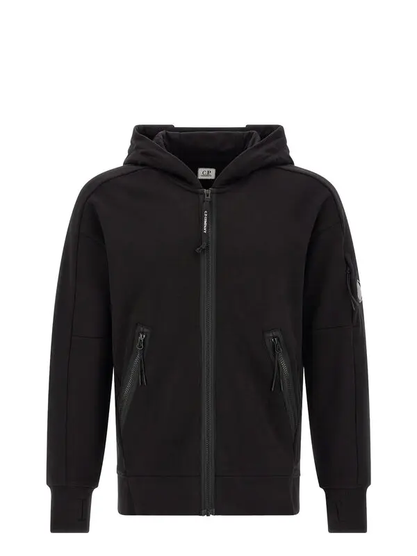 C.P. COMPANY Diagonal Raised Fleece Zip-up Hoodie With Lens Detail - Black