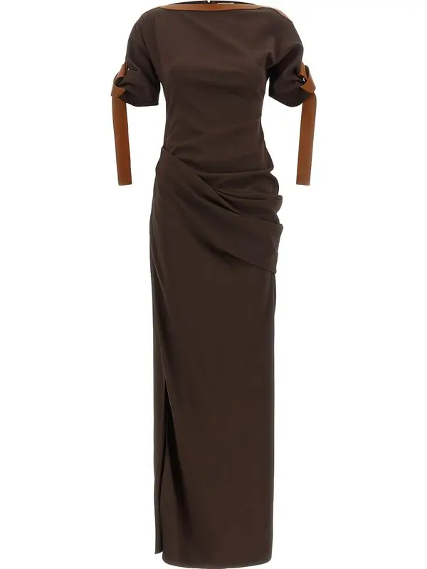 FERRAGAMO Asymmetrical Draped Dress With Leather Accents - Brown