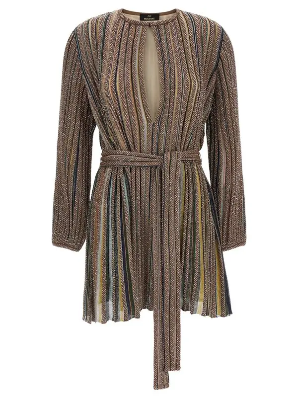 Missoni V-neck Striped Knit Mini Dress With Belt - Multi