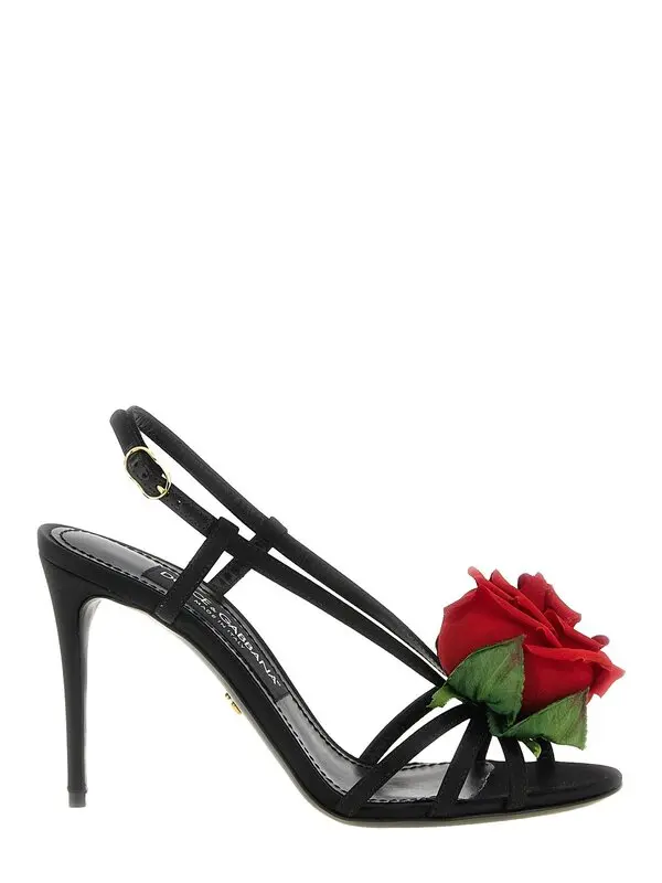 Dolce & Gabbana Satin Slingback Sandals With Floral Embellishment - Black