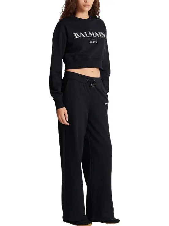 Balmain Printed Crew Neck Cropped Sweatshirt - Black