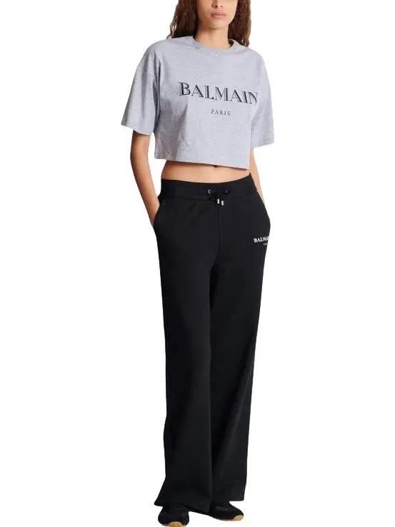 Balmain Boxy Cropped T-shirt With Logo Print - Grey