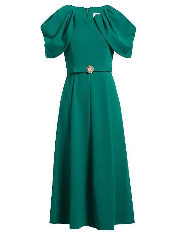 Anne Klein Midi Dress With Capelet And Lion Head Buckle Belt - Deep Jade