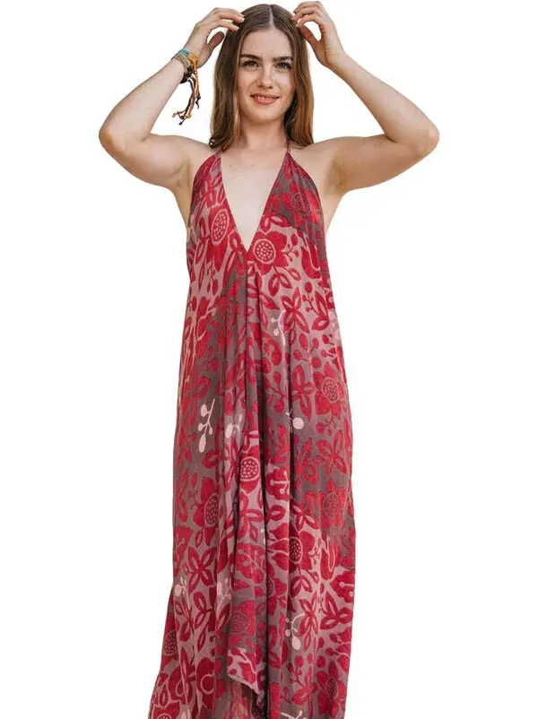 SUN CHILD Classic Silk Maxi Dress - Red