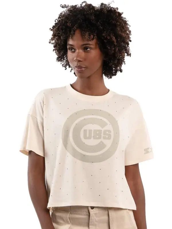 STARTER Chicago Cubs Rhinestone Embellished Cropped T-shirt - Cream