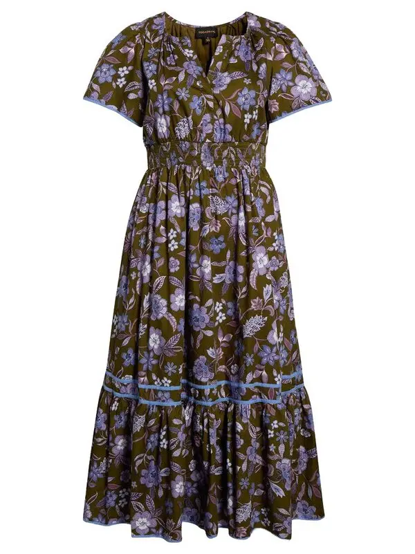 SUGARLIPS Floral Print Maxi Dress With Puff Sleeves - Olive-lavender