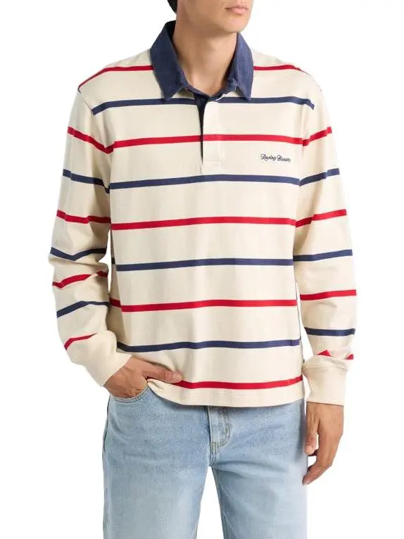 ROWING BLAZERS Harrison Corduroy Collar Long Sleeve Organic Cotton Rugby Polo - Cream