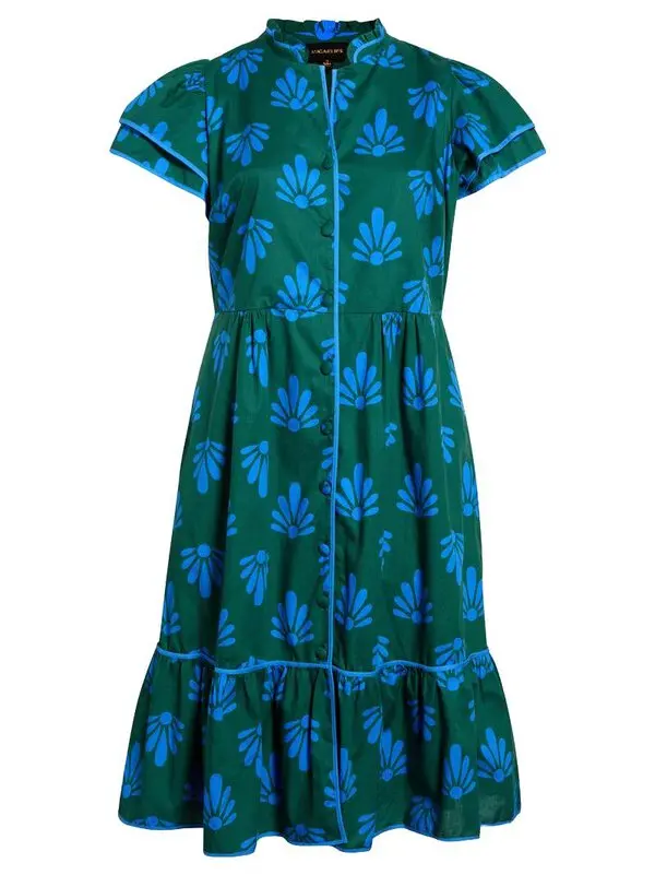 SUGARLIPS Davie Cotton Midi Shirtdress With Floral Print And Ruffled Hem - Emerald-multi