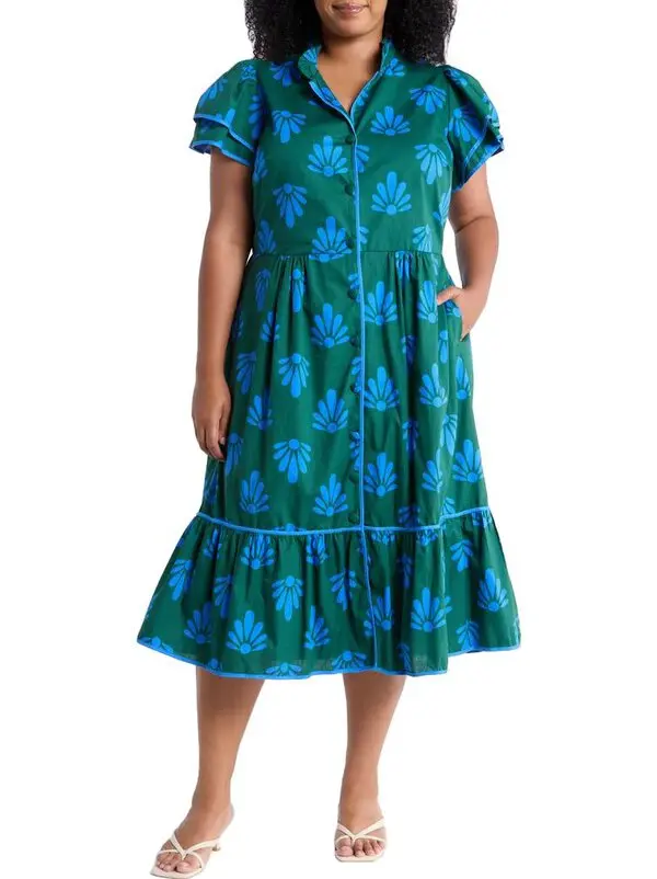 SUGARLIPS Davie Cotton Midi Shirtdress With Floral Print And Ruffled Hem - Emerald-multi