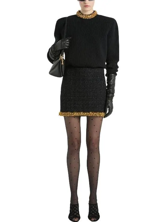 Balmain Short Tweed Skirt With Embroidered Trim - Black