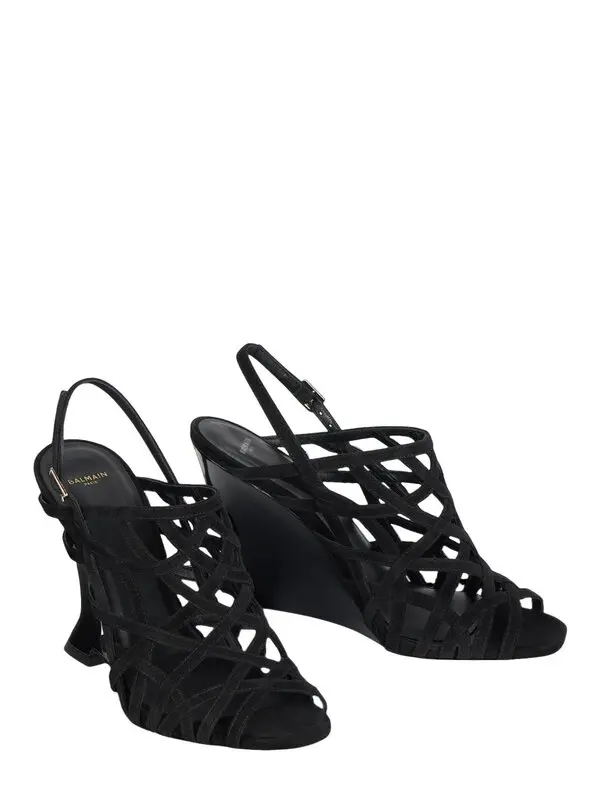 Balmain Suede Wedge Cage Sandals With Gold-tone Buckle - Black