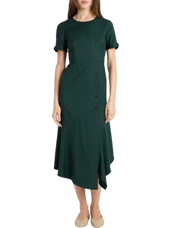 Santorelli Raine Short Sleeve Hi-lo Midi Dress In Stretch Twill - Evergreen