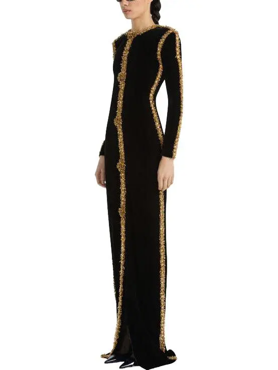 Balmain Long Velvet Dress With Embroidered Trim - Black