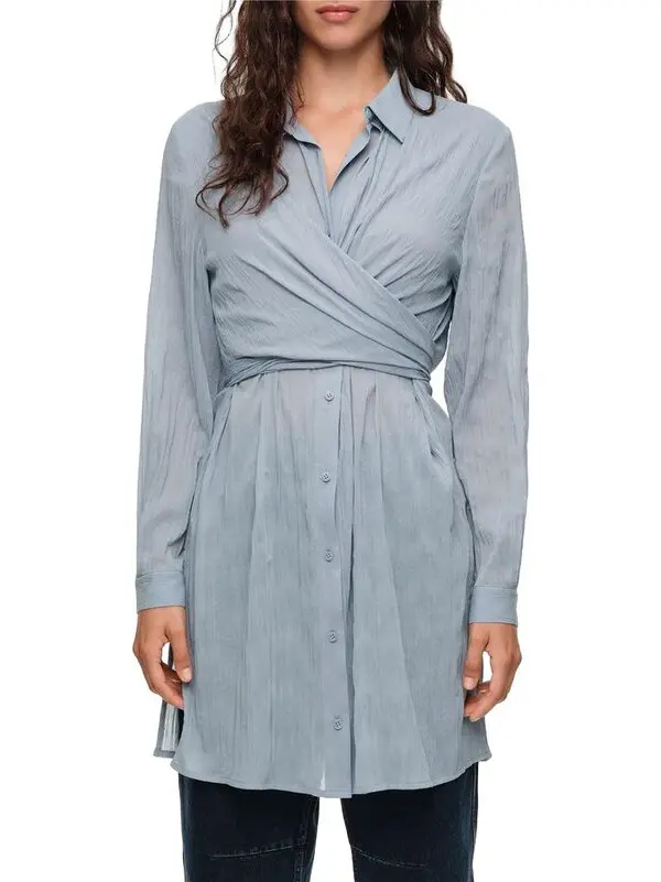 Bimba Y Lola Pleated Long Sleeve Shirt With Classic Collar - Light Blue