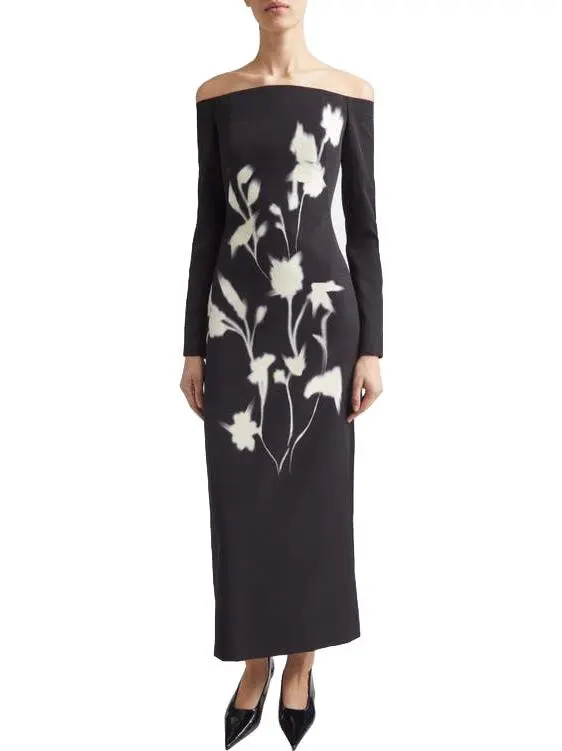 Lela Rose Floral Crepe Off-the-shoulder Column Gown - Black