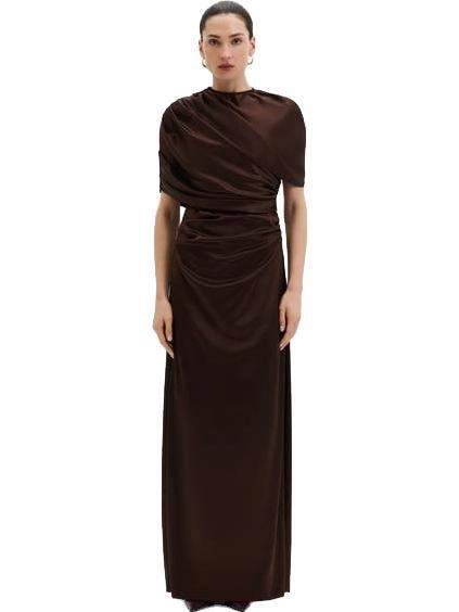 MALINA Cassia Draped Fitted Maxi Dress - Dark Brown