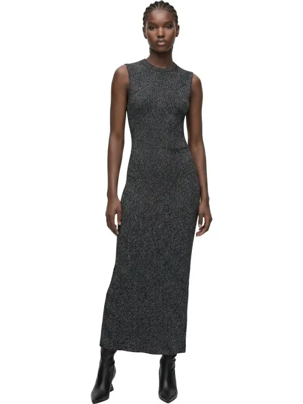 Karl Lagerfeld Metallic Knit Mockneck Dress With Front Slit - Black