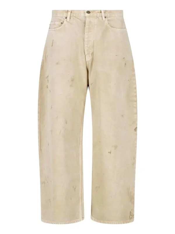 Balenciaga Wide Leg Distressed Cotton Jeans - Beige