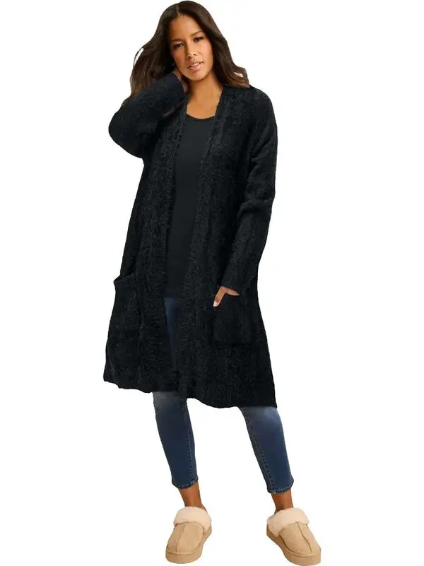 Roaman's Eyelash Cardigan With Raglan Sleeves And Patch Pockets - Black