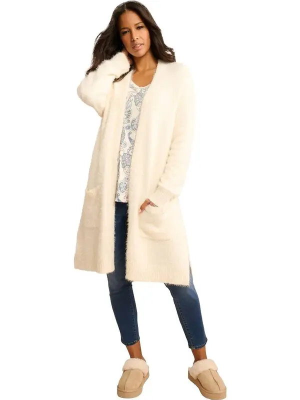 Roaman's Eyelash Cardigan With Raglan Sleeves And Patch Pockets - Ivory