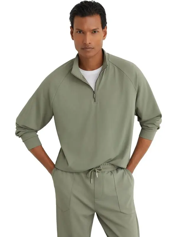REISS Eytan R-flex Stretch-twill Half-zip Sweatshirt - Sage Green