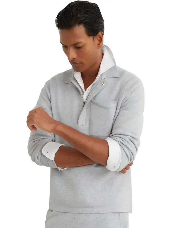 REISS Gorbridge R-flex Half-zip Knitted Polo Jumper - Soft Grey