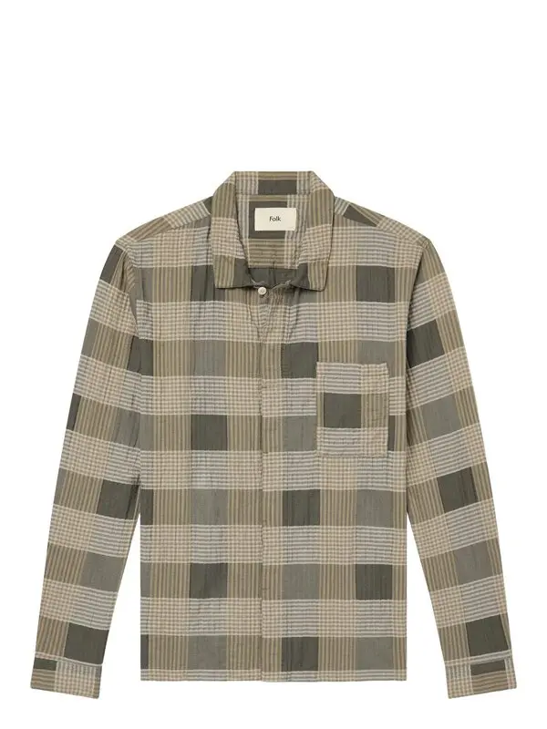 Folk Patch Checked Cotton-blend Seersucker Shirt - Green