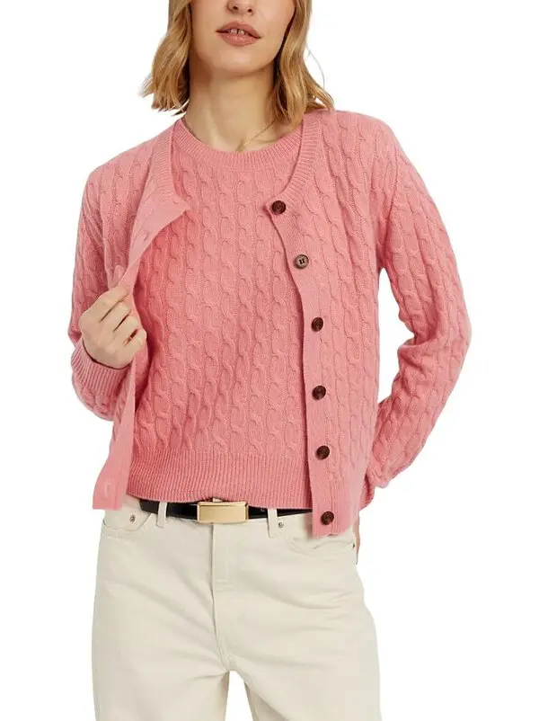 Chinti & Parker Pure Cashmere Cable Knit Crew Neck Cardigan - Salmon