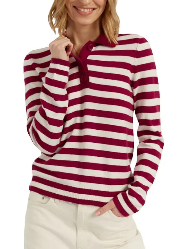 Chinti & Parker Wool-cashmere Stripe Collared Sweater - Cherry
