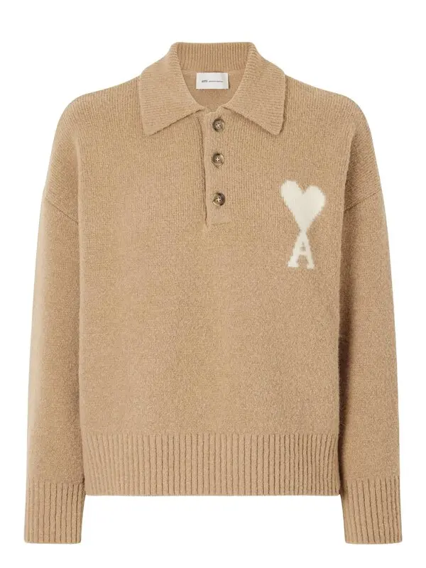 AMI Paris Logo-embroidered Wool-blend Polo Shirt - Tan