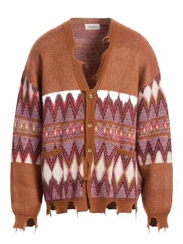 LANEUS Geometric Print Distressed Knit Cardigan - Brown