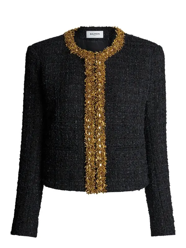 Balmain Tweed Beaded-trim Blazer - Black