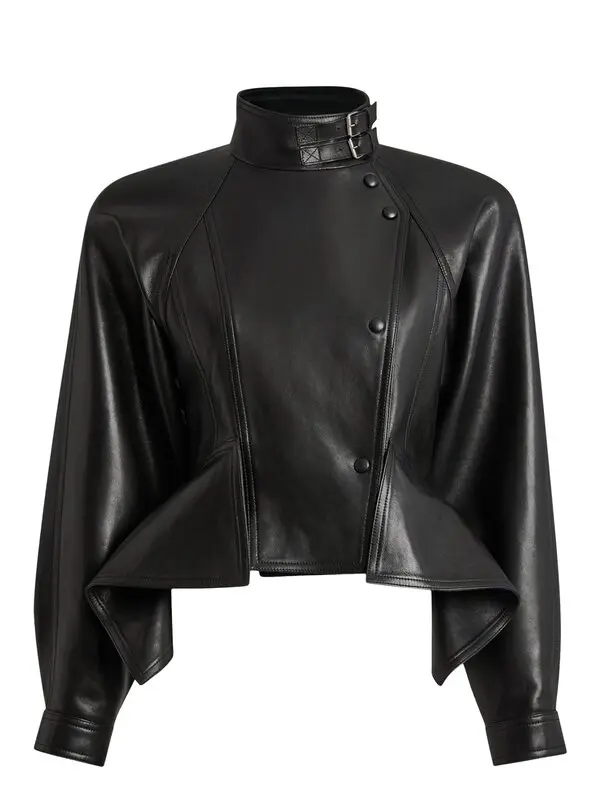 Balmain Lambskin Leather Jacket With Funnel Neck And Peplum Hem - Black