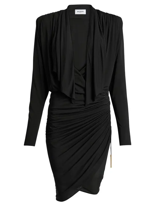 Balmain Draped Long-sleeve Mini Dress - Black