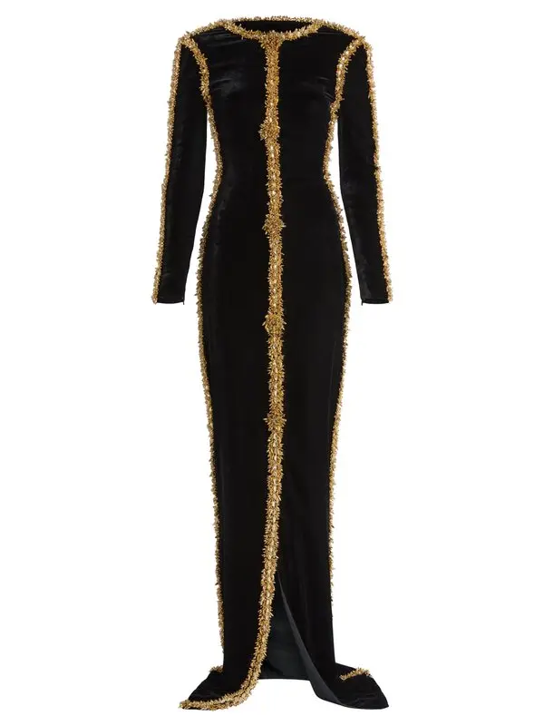 Balmain Velvet Beaded-trim Maxi Dress - Black