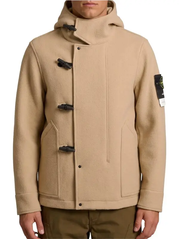 Stone Island Short Heavy Melton Coat With Hood - Beige