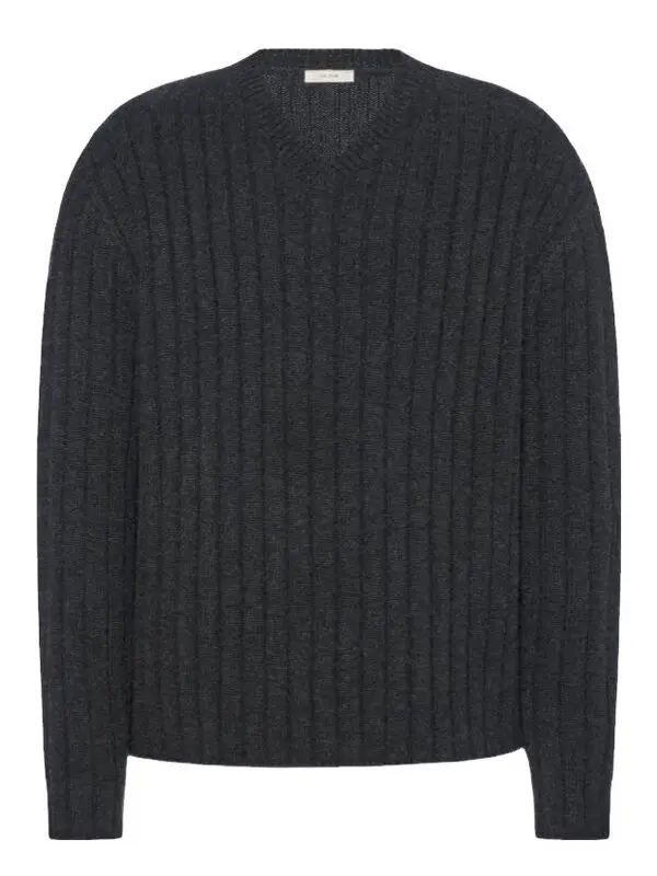 THE ROW Ettore V-neck Ribbed Sweater - Charcoal Mixed Color