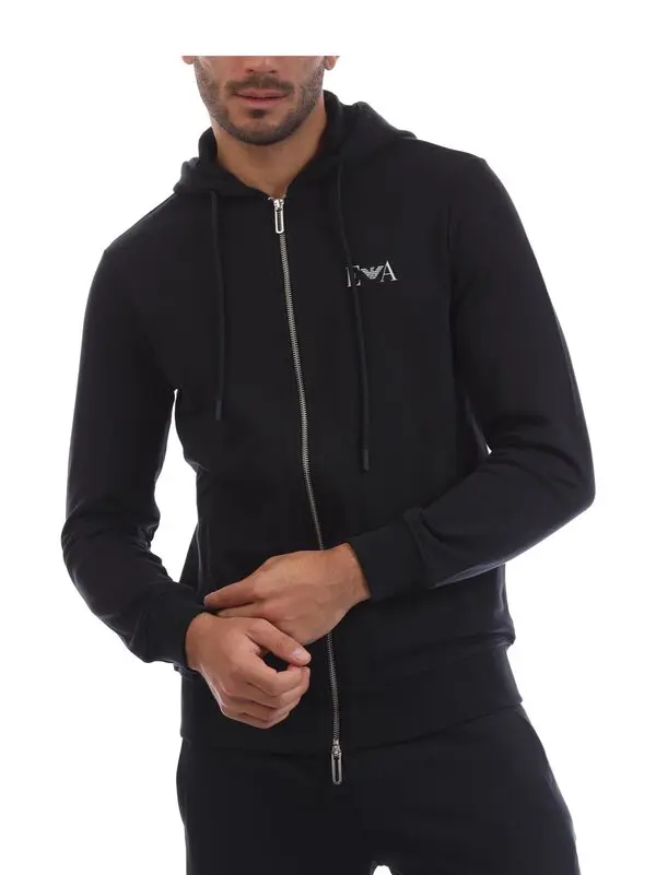Emporio Armani Full Zip Hoodie With Embroidered Logo - Black