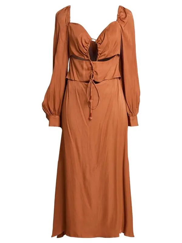 Farm Rio Long Sleeve V-neck Satin Midi Dress - Camel